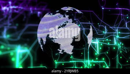 Rotating globe with network connections and data processing image over ...