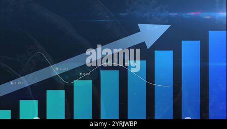 Rising bar chart and upward arrow image over digital grid background ...