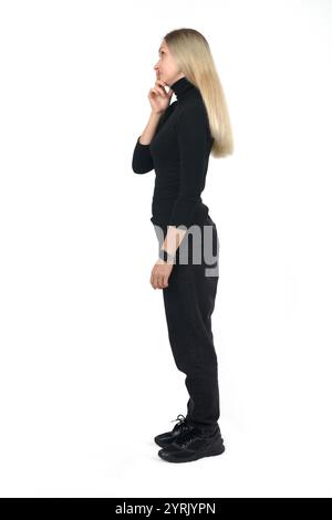 side view of a woman thinking whut hands on face on white background ...