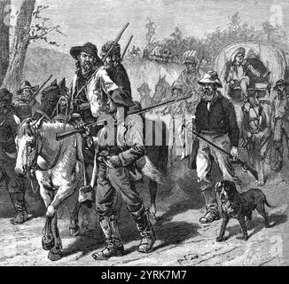 Border ruffians invading Kansas during the 1850s, an illustration from ...