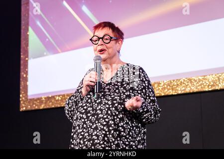 Jo Brand speaking in a microphone Stock Photo - Alamy