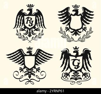 Heraldic eagle with spread wings, symbol set. Coat of arms bird hawk ...