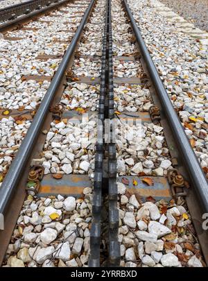 Detailed view on railroad tracks and railroad crossings in northern ...