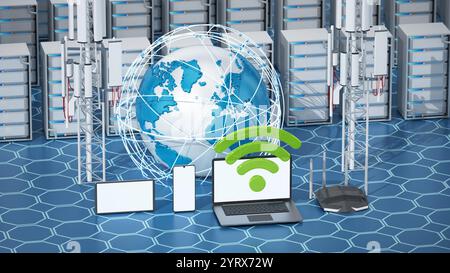 Network server concept with a globe,receivers and electronic devices ...