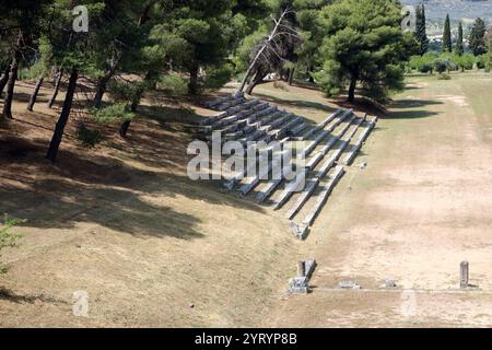 The 5th century Ancient Stadium arena of Epidaurus is located next to ...