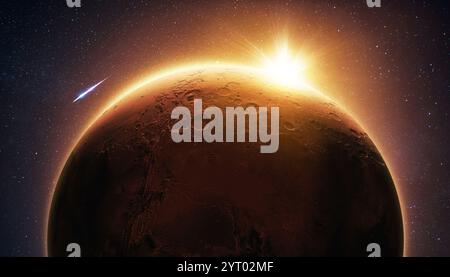 Amazing Red Planet Mars With Craters And Beautiful Blue Sunset In Space ...