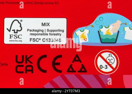 packaging symbols: CE mark symbol, fragile or handling with care symbol ...