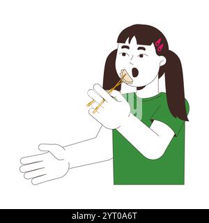 Cute chinese girl eating dumplings with chopsticks black and white 2D ...