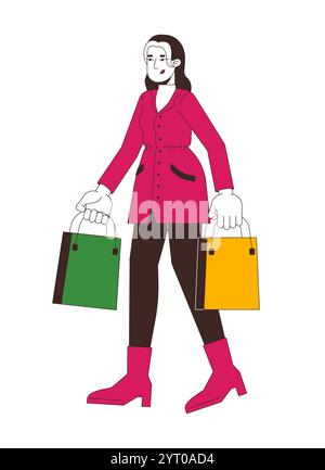 Modern chinese woman shopper happy carrying bags black and white 2D ...