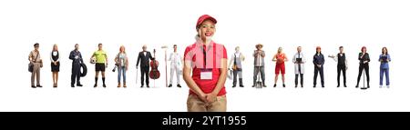 Positive young female singer in casual clothes with microphone in light ...