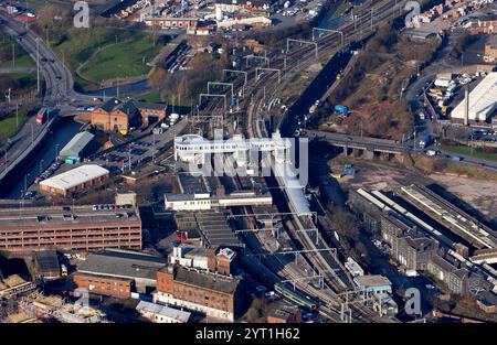 Aerial view of the City of Wolverhampton railway station and the old ...