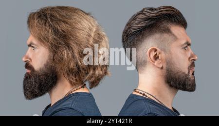 Stylish hairstyle, beard and unstylish overgrown man. Male beauty ...
