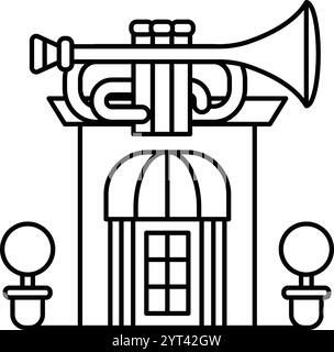 A building with a large trumpet on top of it. The trumpet is yellow and ...