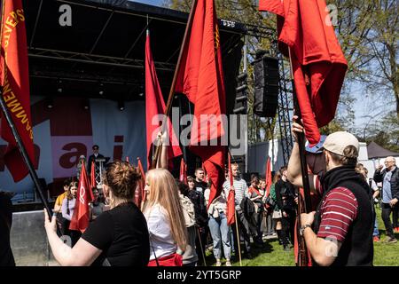 Flag march marking at the International Workers Day in Faelledparken ...
