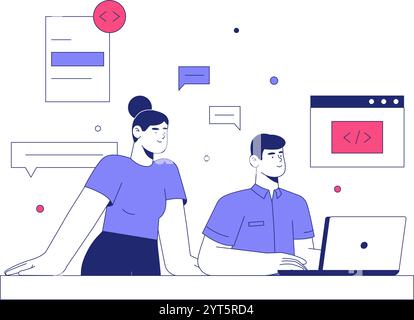 Male And Female Developers Collaborating On Code In Flat Vector ...