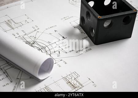 Black plastic prototype lying on a technical drawing with measurements ...