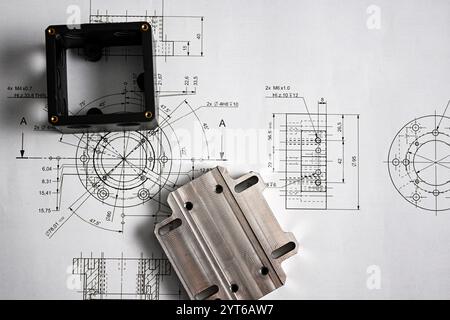 Plastic and metal prototypes are lying on a technical drawing with ...