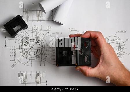 Engineer examining a 3d printed prototype and comparing it with ...