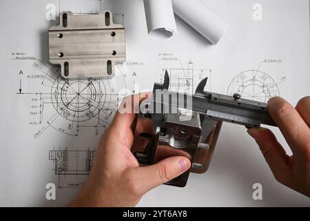 Engineer using caliper to measure a machined part comparing it with its ...