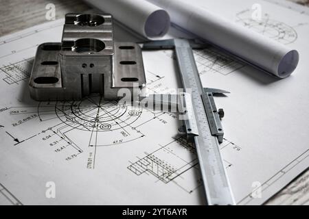 Metal machined parts lying on a technical drawing with a caliper ...
