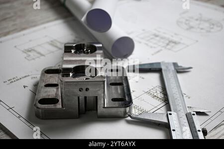 Metal machined parts lying on a technical drawing with a caliper ...