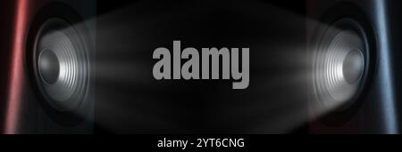 Light rays coming out of sound speakers on black background, banner ...
