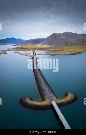 Aerial view of the sword shaped bridge Snaefellsnesvegur close to the ...