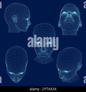 Set of 3D Female Polygon Wireframe Head. Vector illustration Stock ...