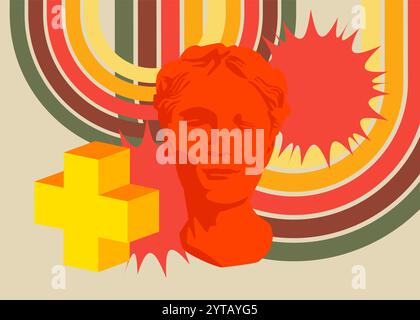 Retro 70s Background with Head Sculpture. Groovy Greek style statue ...