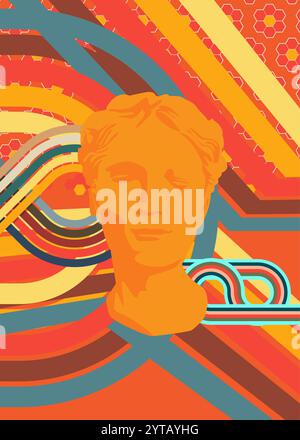 Retro 70s Background with Head Sculpture. Groovy Greek style statue ...
