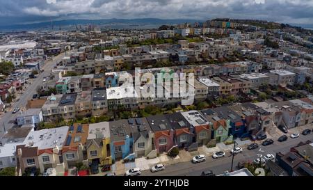 APRIL 4, 2024, PORTOLA, SAN FRANCISCO, CA - aerial of row houses of ...