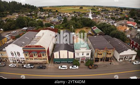 JULY 2024, FERNDALE, CALIFORNIA - aerial view of Victorian town ...