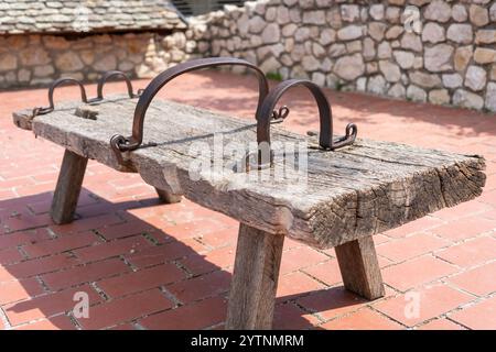 Medieval wooden punishment pillory Stock Photo - Alamy