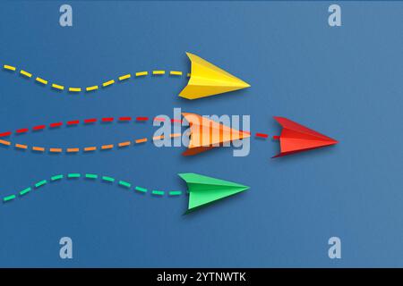 Colorful paper planes with flight paths on orange background. Dashed ...