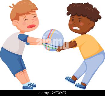 Two children fighting over a ball, one crying while the other displays ...