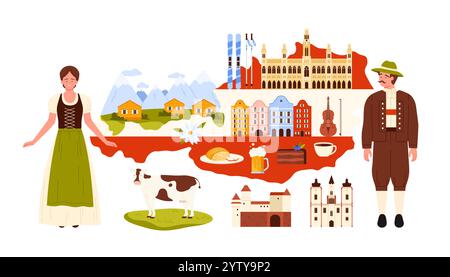 Cartoon map of Austria. Travel illustration with austrian landmarks ...