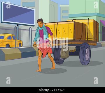 Indian Man Pulling Cart in line Illustration Stock Vector Image & Art ...