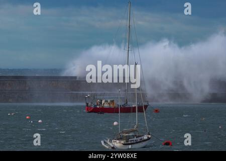 Holyhead Breakwater and Storm Darragh Stock Photo - Alamy