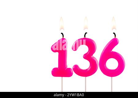 Lit birthday candle - Candle number 136 on white background Stock Photo ...