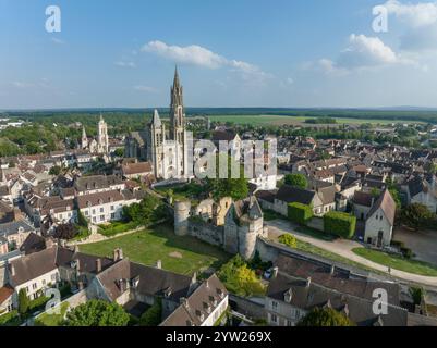 Aerial view of Senlis, medieval walled town with Gothic cathedral and ...