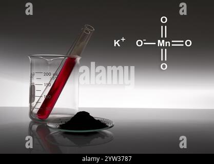 Potassium permanganate (KMnO4) with chemical structure , a common ...