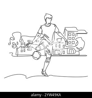 continuous single line drawing of soccer player with foot on ball, line ...
