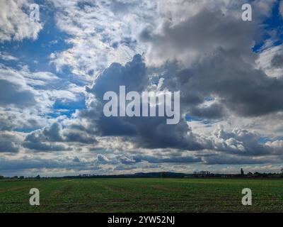 Cumulus or cluster clouds moving over a field with blue sky background ...