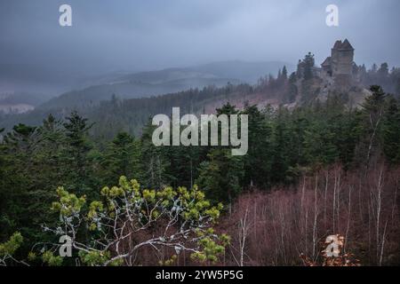 Kasperk Castle in Hilly Nature during Misty Day in Czech Republic. View ...