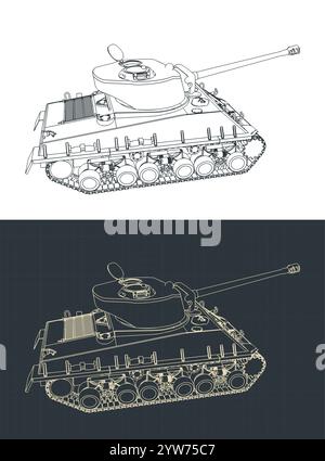 Stylized vector illustrations of a M4 Sherman tank blueprints Stock ...