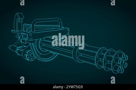 Stylized vector illustration of blueprints of minigun Stock Vector ...