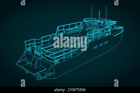 Stylized vector illustrations of military patrol boat blueprints Stock ...