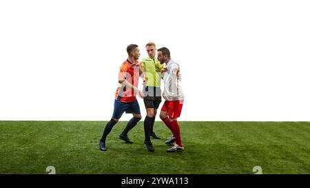 Referee standing between two arguing man, soccer players from opposite ...