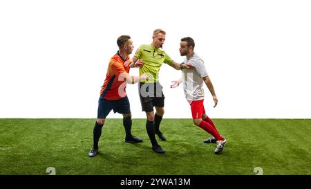 Referee standing between two arguing man, soccer players from opposite ...