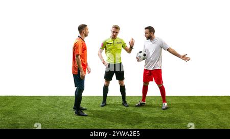 Referee standing between two arguing man, soccer players from opposite ...